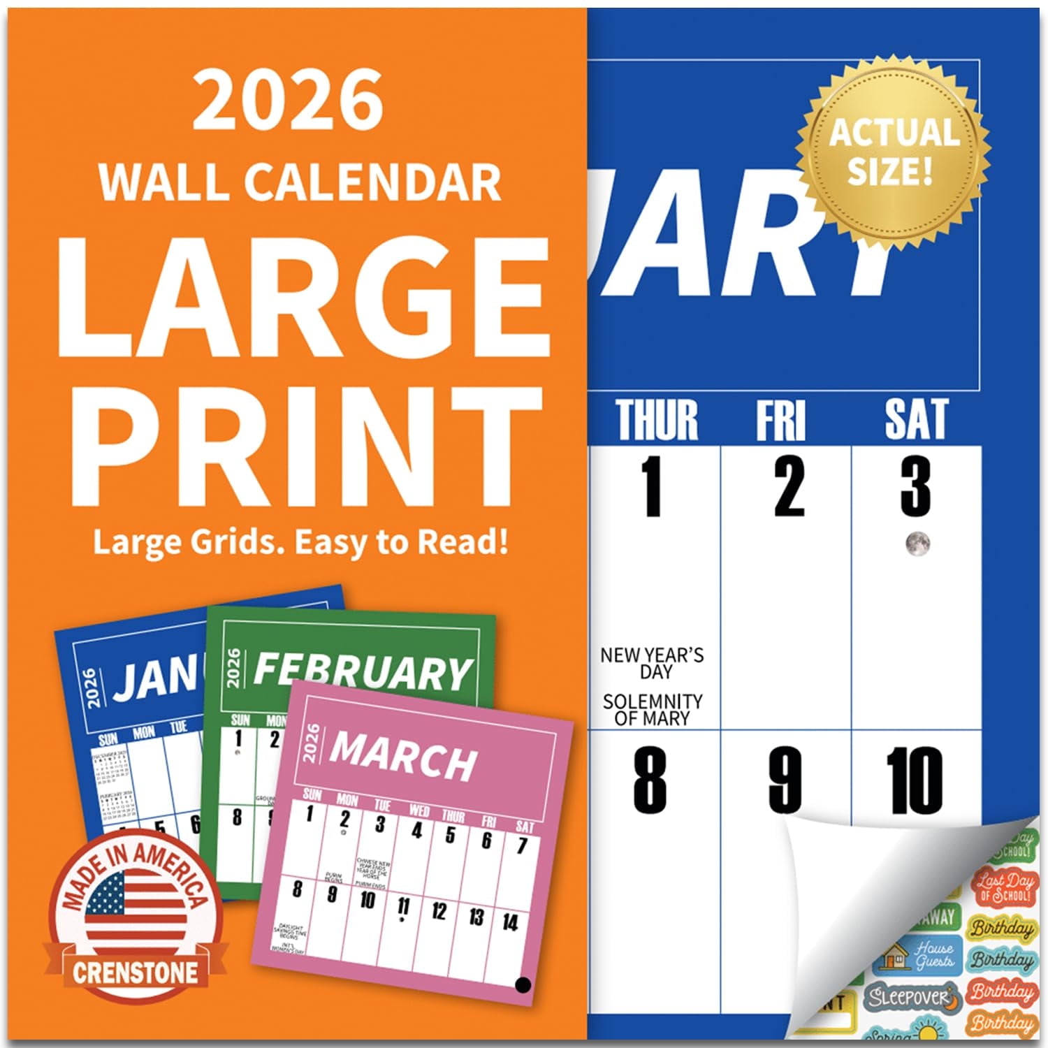 Large Print Calendar 2026 - Deluxe 2026 Low Vision Big Grid Wall ...