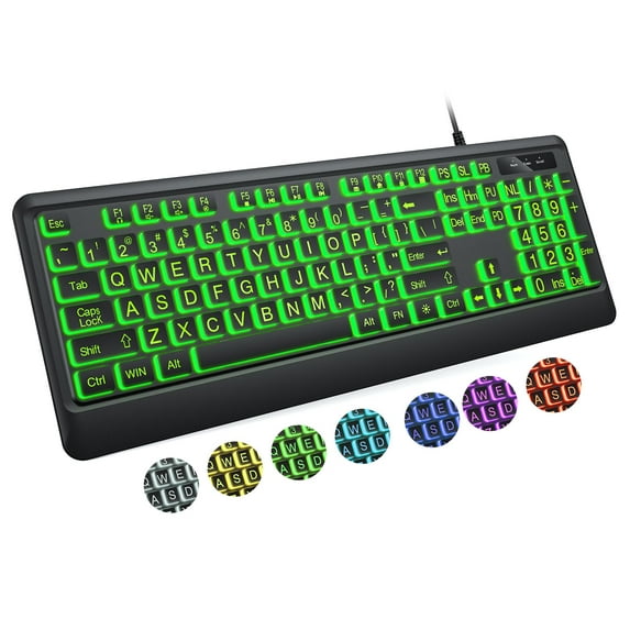 Large Print Keyboard - 7 Interchangeable Backlight Colors, Light Up USB ...