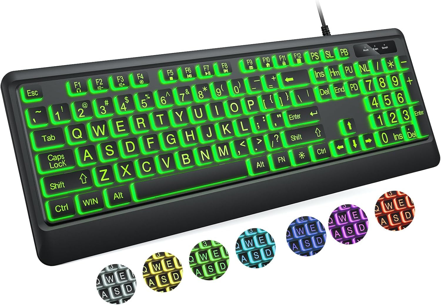 Large Print Keyboard - 7 Interchangeable Backlight Colors, Light Up USB ...