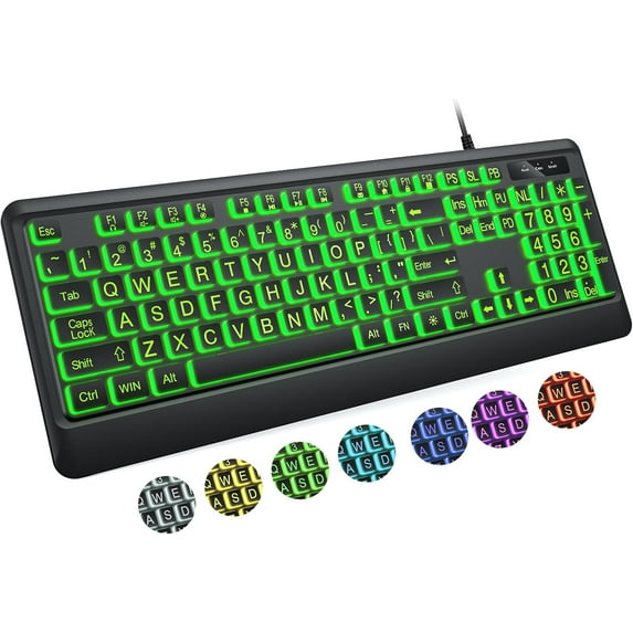 Large Print Keyboard - 7 Interchangeable Backlight Colors, Light Up USB ...