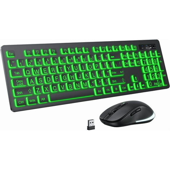 Large Print Wireless Keyboard and Mouse - 7 Colors Backlit Keyboard ...