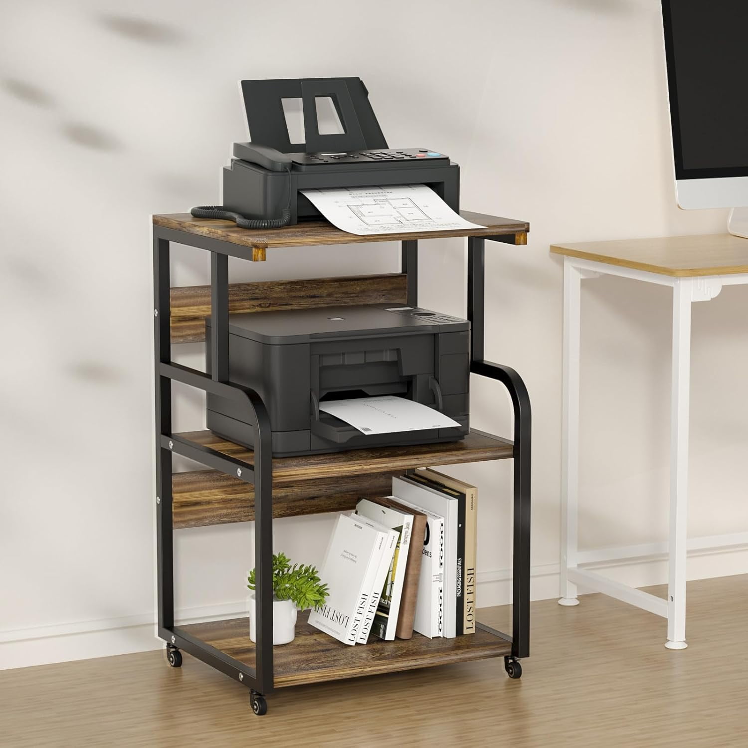 Large Printer Stand with 3-Tier Wood Storage Shelves -Multi-Purpose ...