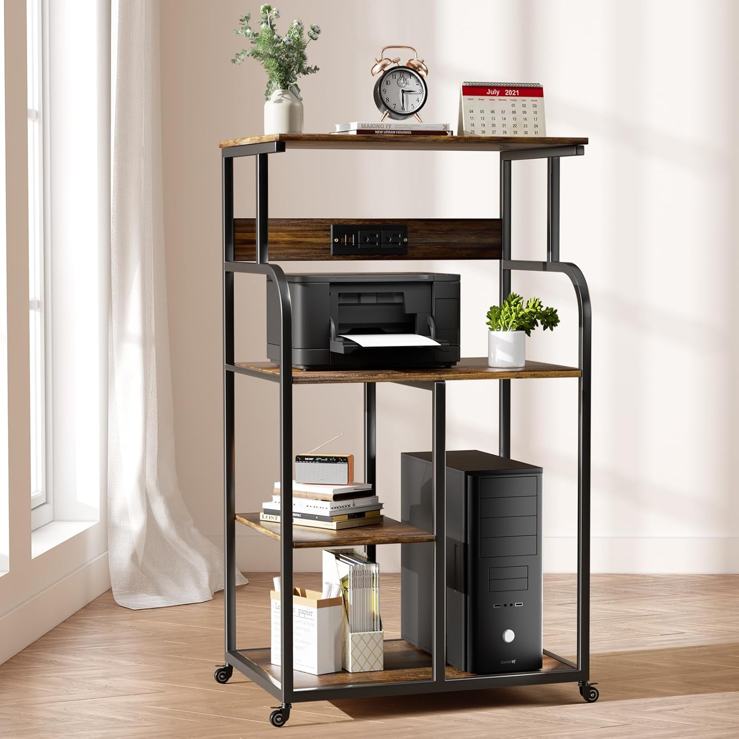 Large Printer Stand with 3-Tier Wood Storage Shelves with Power Outlet ...