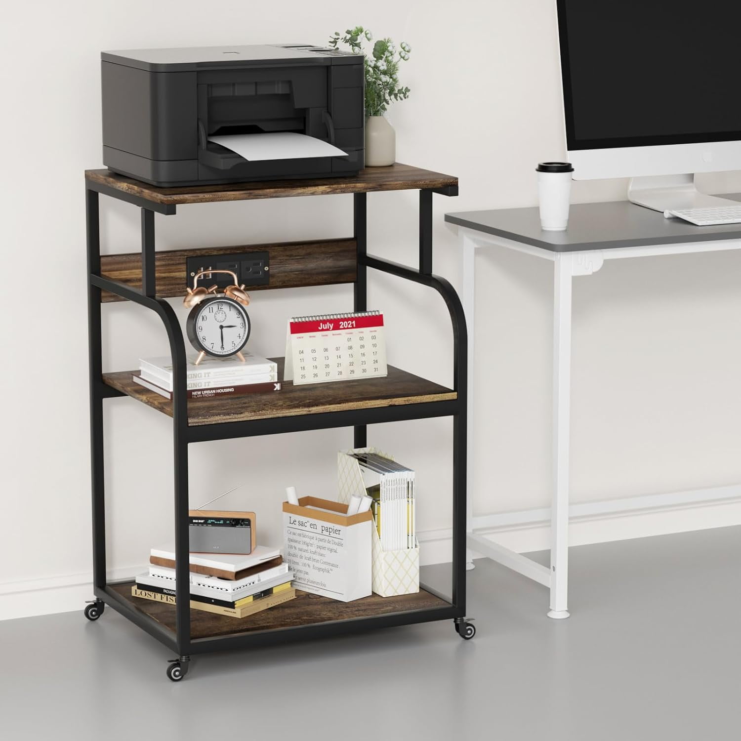 Large Printer Stand with 3-Tier Wood Storage Shelves with Power Outlet ...