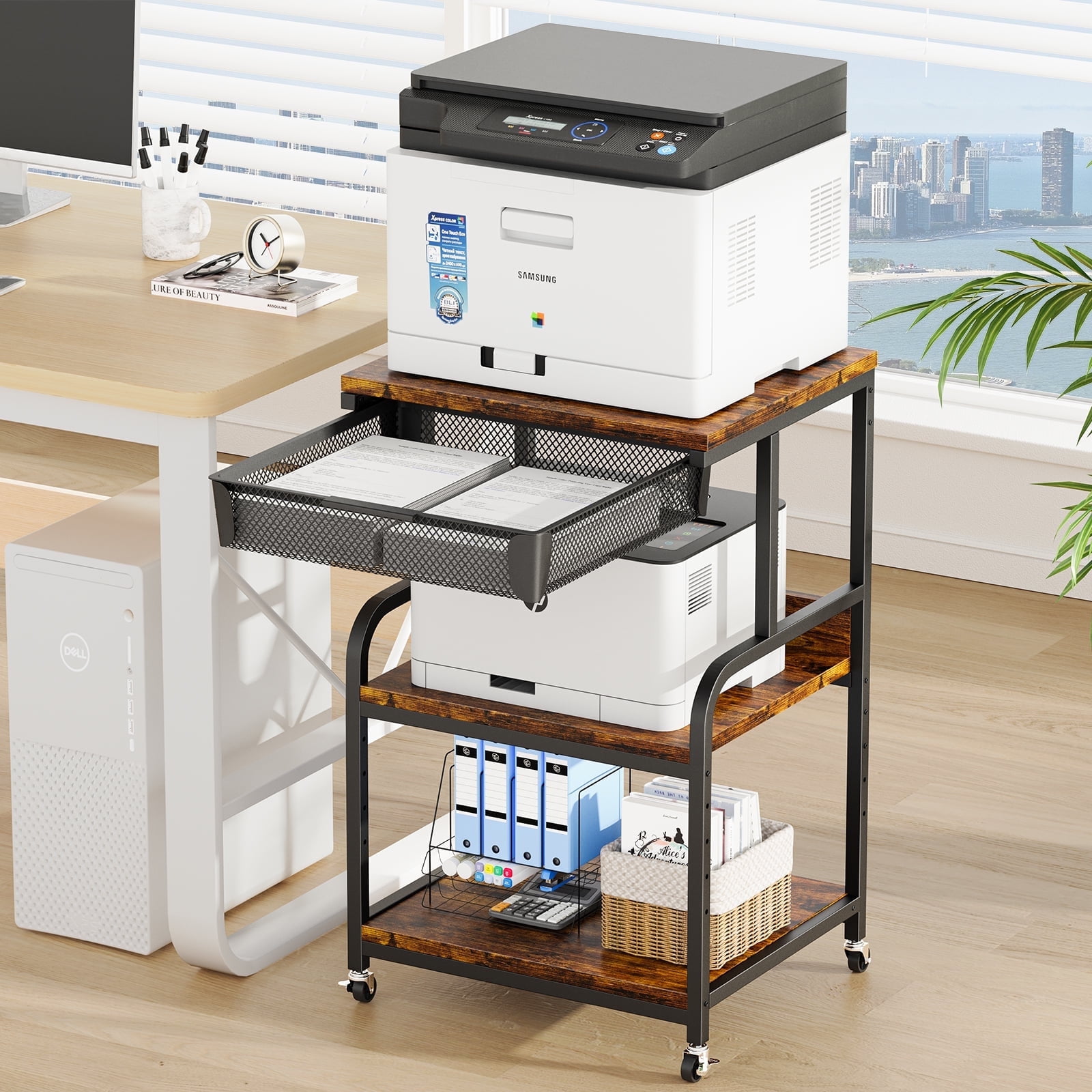 POAO Large Printer Stand with Storage Drawer,3-Tier Rolling Cart with ...