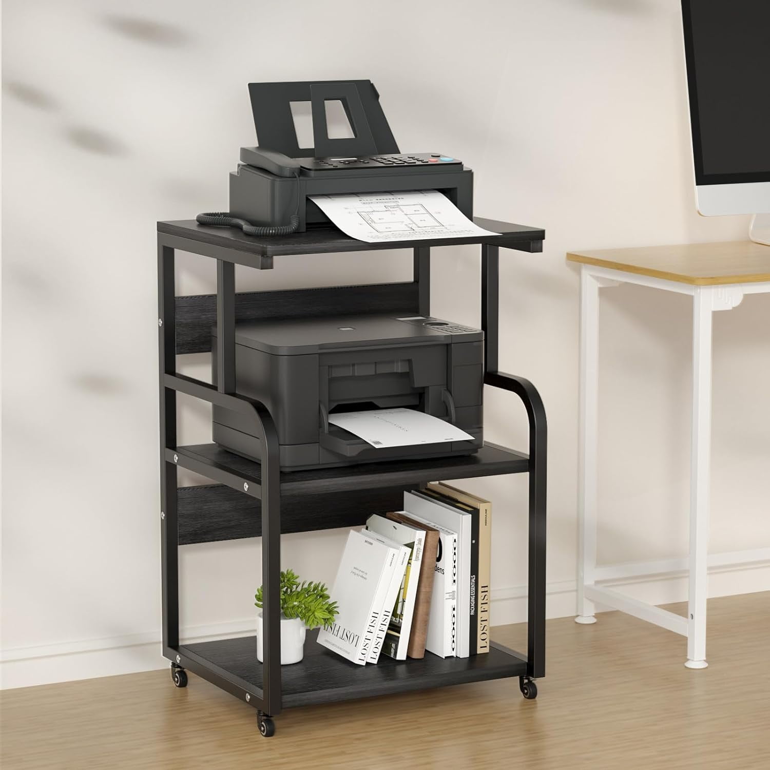 Large Printer Stand with 3-Tier Wood Storage Shelves -Multi-Purpose ...