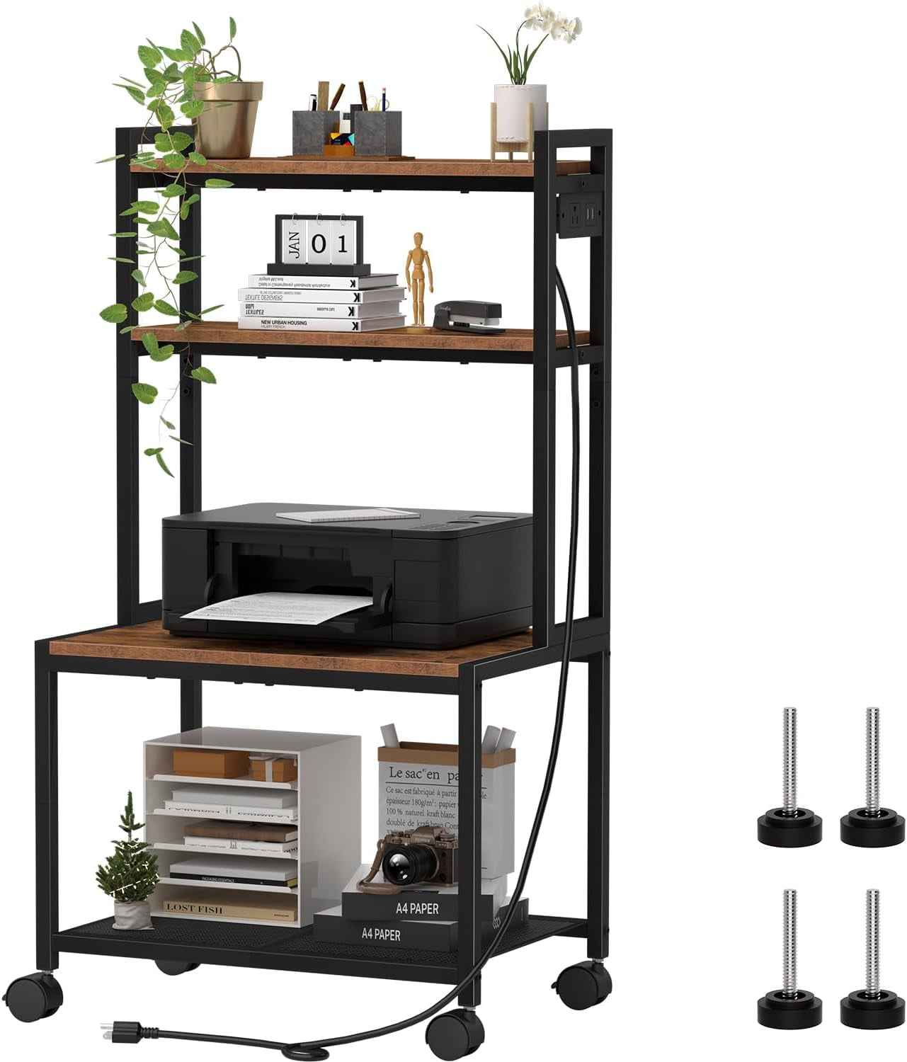 Large Printer Stand with Storage, 4 Tier Table with Wheels for Home ...