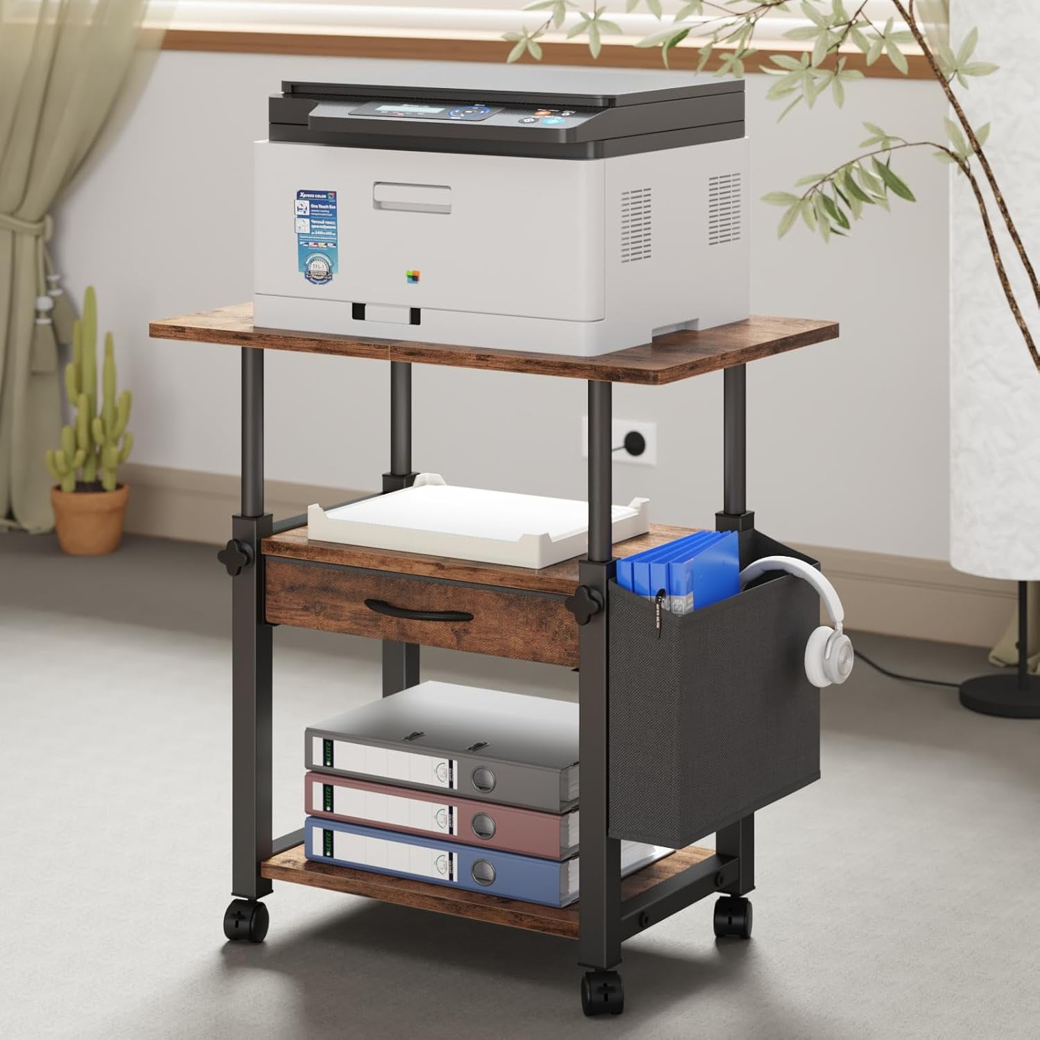 Large Printer Stand with Storage Drawer and Side Bag, 3-Tier Height ...