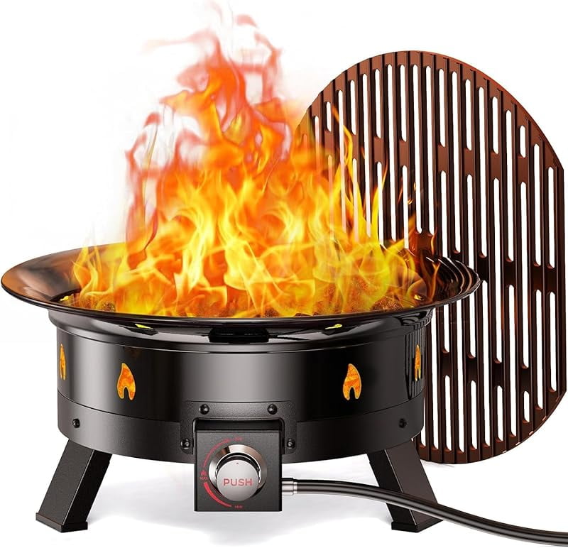 Large Propane Fire Pit 19 Inch, Gas Fire Pit with Grill Grate, Folding ...