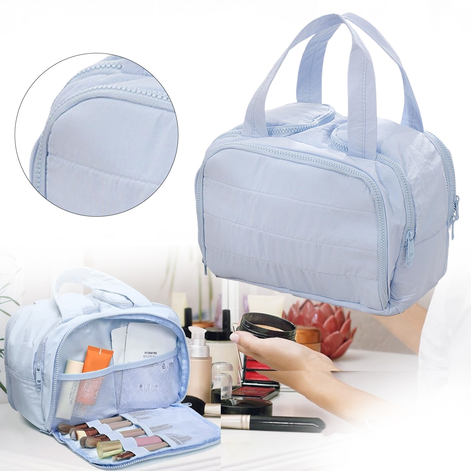 Large Puffy Cosmetic Bag,4-in-1 Travel Makeup Organizer with Wide ...