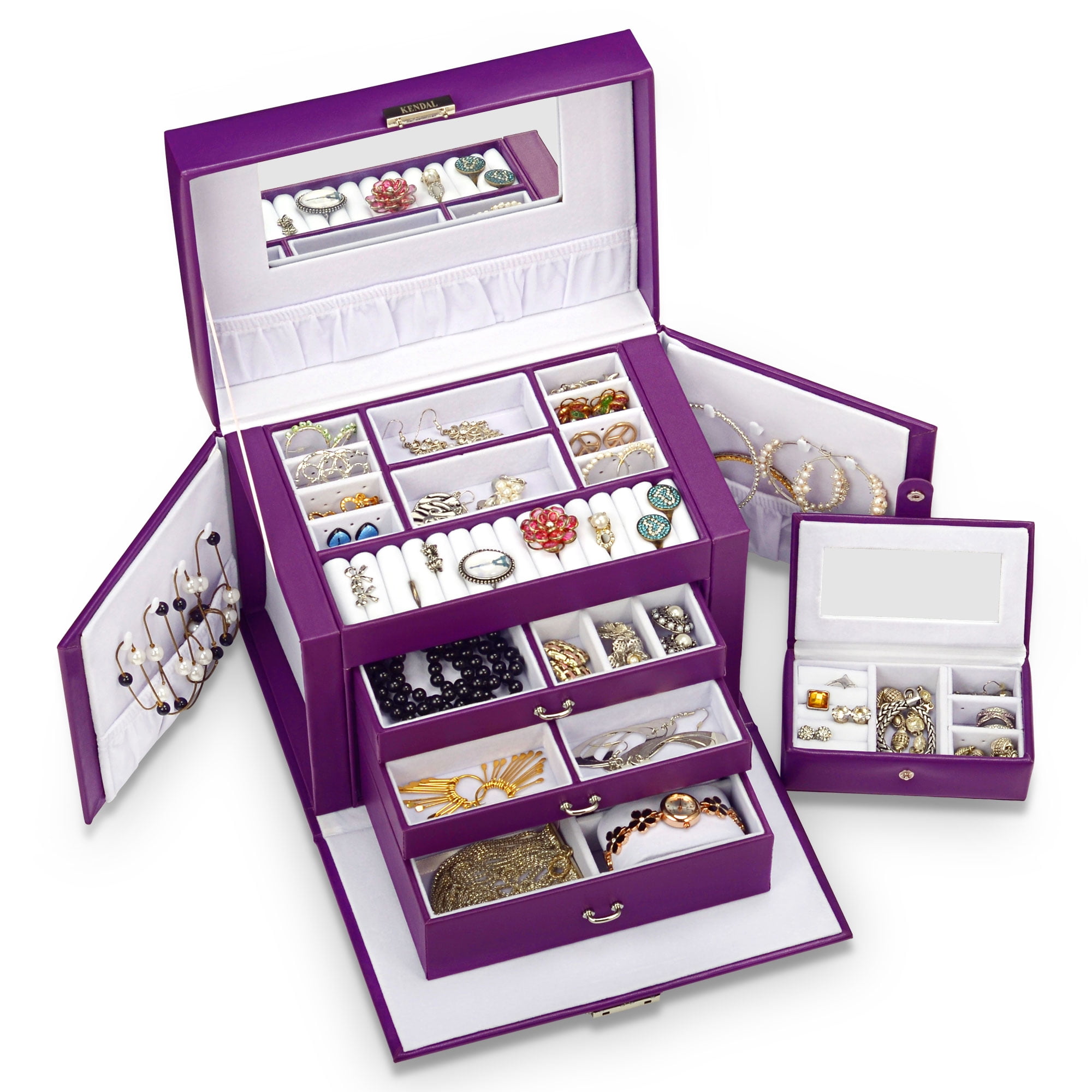 Kendal, Large Purple Leather Jewelry Box, 10.24x7.09x7.95in, with Lock ...