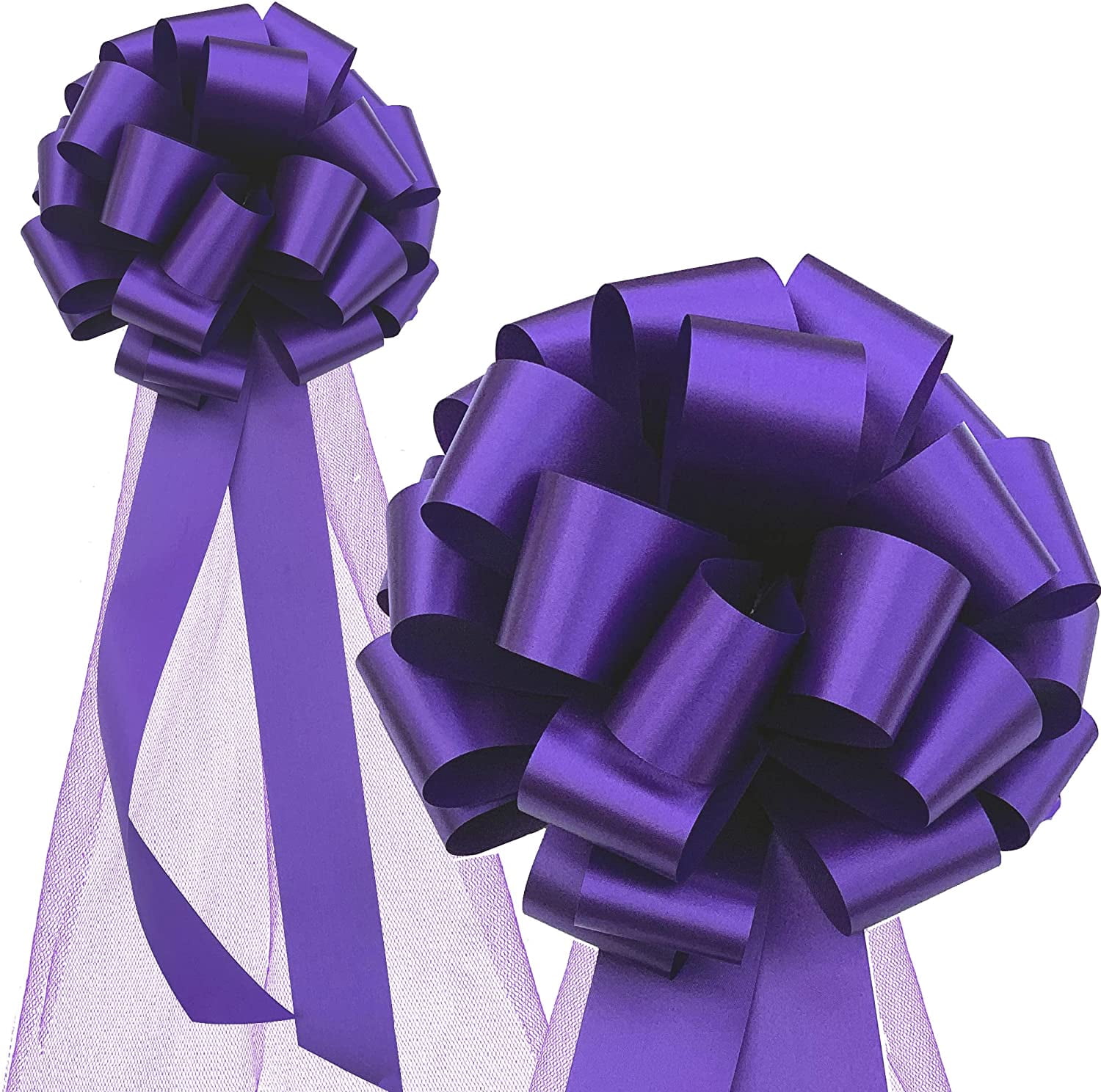 Large Purple Wedding Pull Bows with Long Tulle Tails - 9" Wide, Set of ...