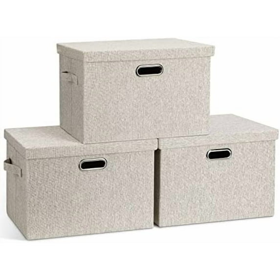 Large Quart Collapsible Stackable Storage Bins with Lids, 3 Packs Beige ...