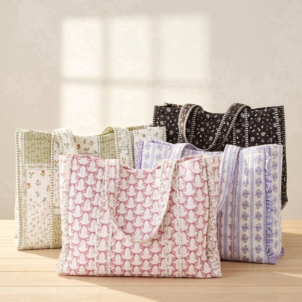 Large Quilted Tote Bag for Women, Aesthetic Floral & Gingham Shoulder ...