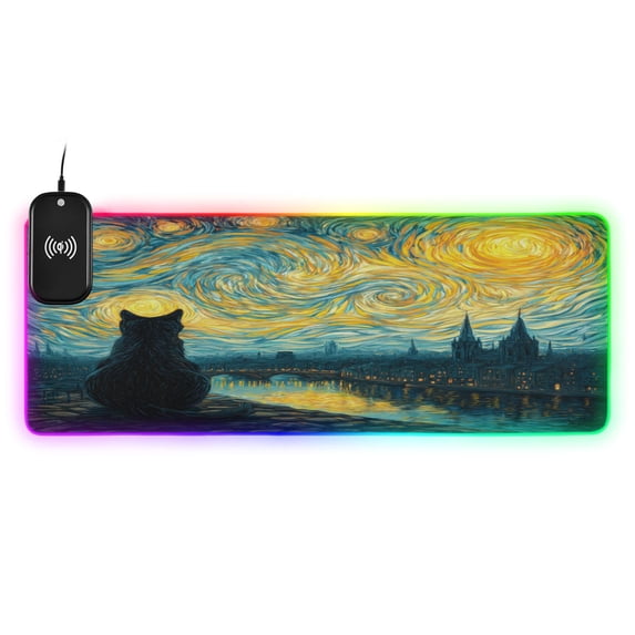 Large RGB Wireless Charging Mouse Pad Black Cat under The Moon14 LED ...