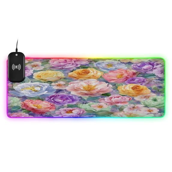 Large RGB Wireless Charging Mouse Pad Detailed Roses and Peonies14 LED ...