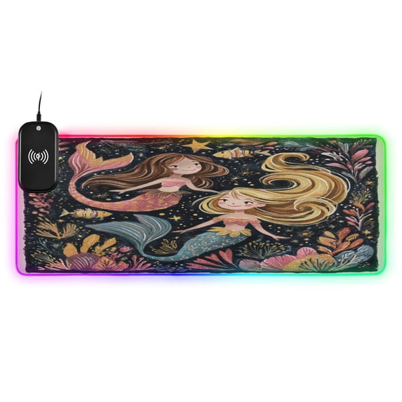 Large RGB Wireless Charging Mouse Pad Happy Mermaids14 LED Modes Non ...