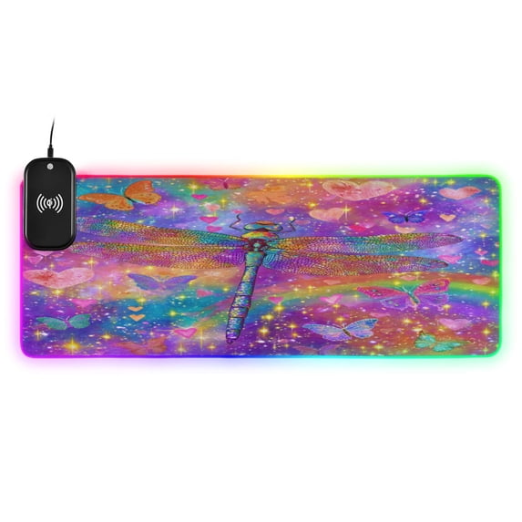 Large RGB Wireless Charging Mouse Pad Neon Dragonfly Hearts ...