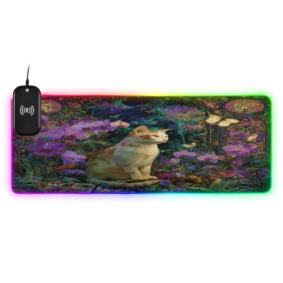 Large RGB Wireless Charging Mouse Pad Orange Cat in The Secret Garden14 ...
