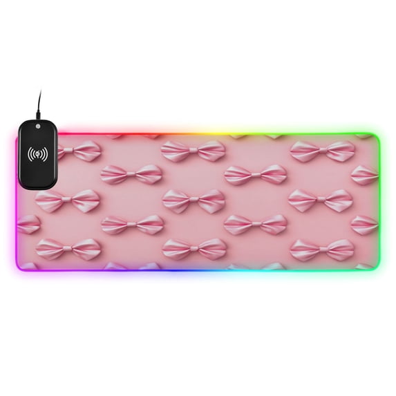 Large RGB Wireless Charging Mouse Pad Pink Simple Bows14 LED Modes Non ...