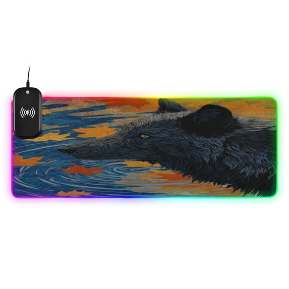 Large RGB Wireless Charging Mouse Pad Wolf and Falling Leaves14 LED ...
