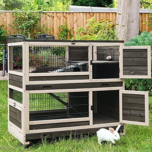 Large Rabbit Hutch with 2 House Levels, Indoor Bunny Cage with TWO Pull ...