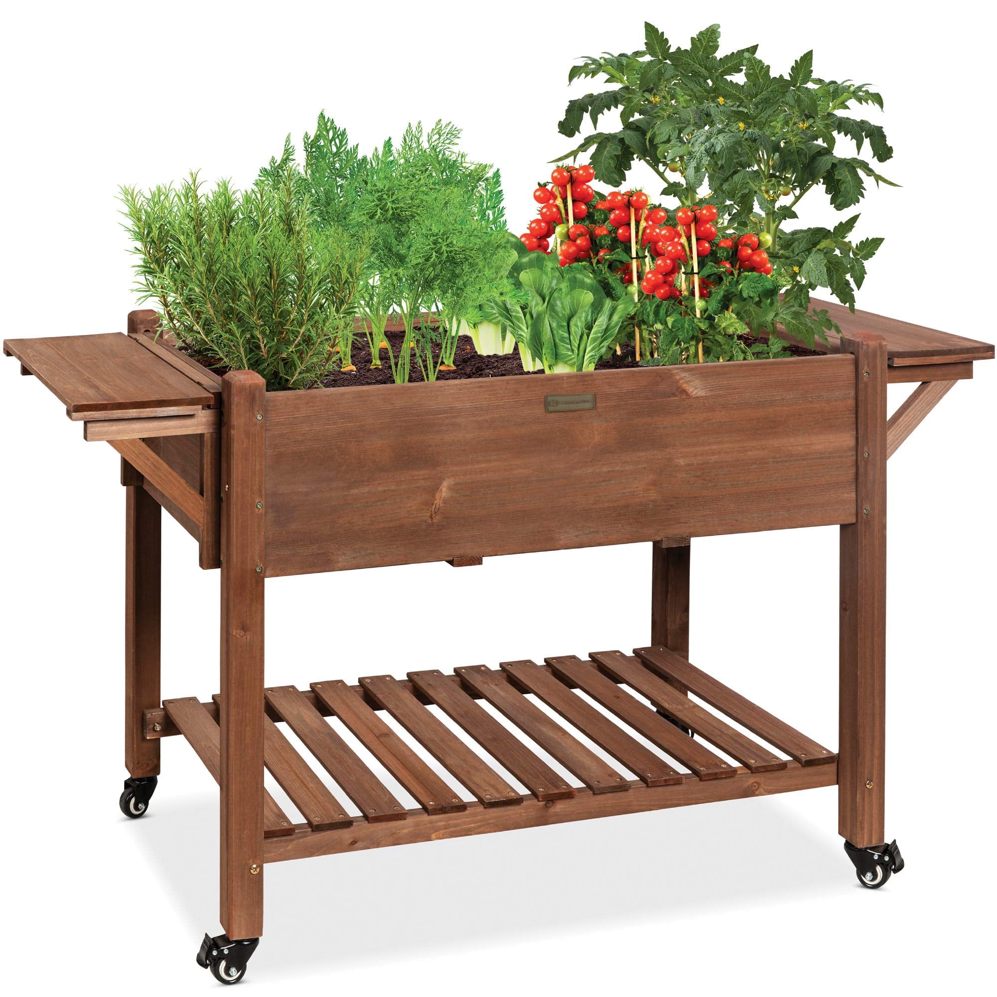 Large Raised Garden Bed with Folding Side Tables Locking Wheels Mobile ...