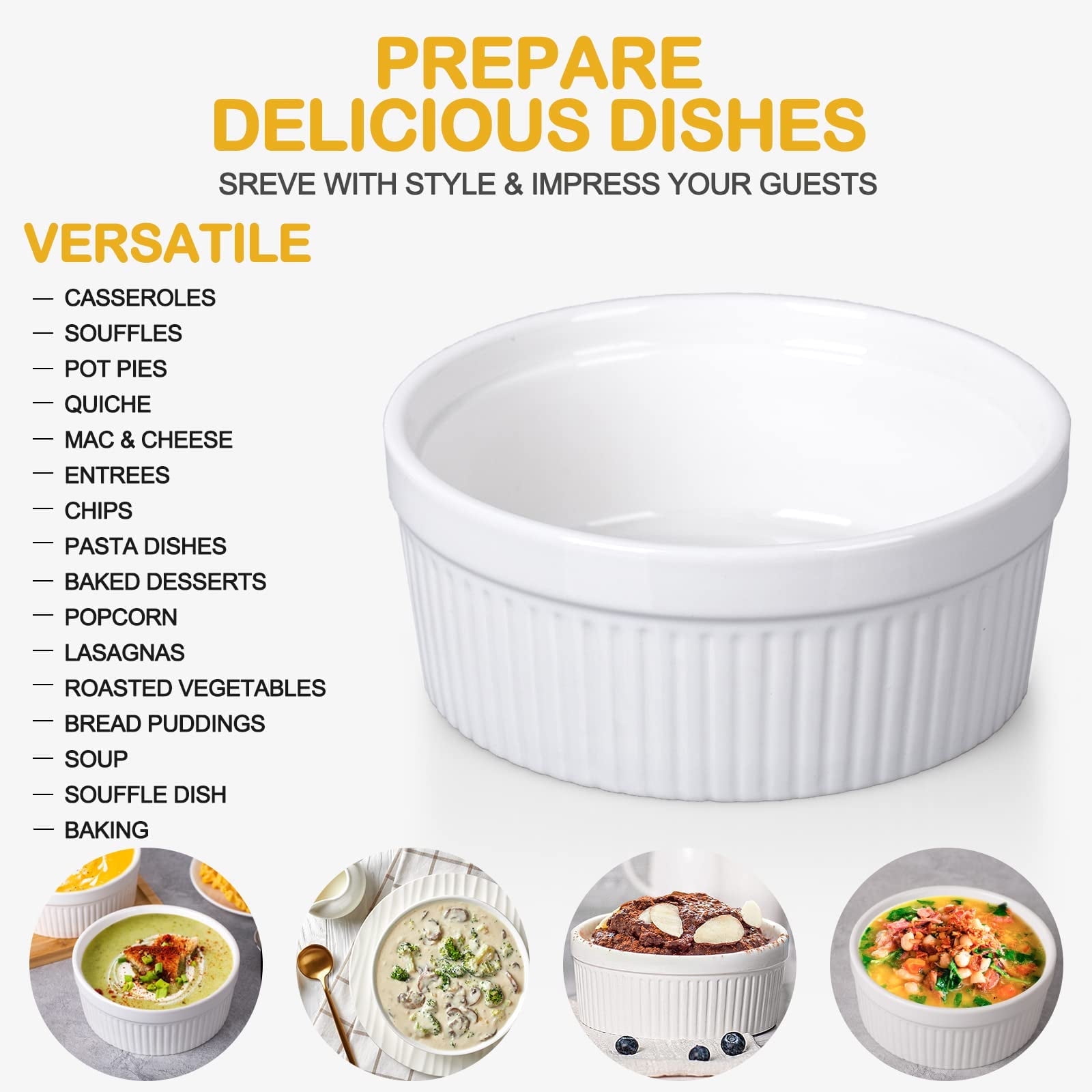 Delling 32 oz Ramekins, Large Oven Safe Ceramic Soup Bowls, White ...