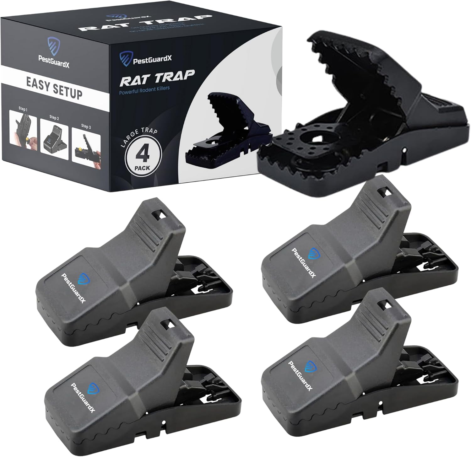 Large Rat Traps - 4-Pack Reusable Snap Traps for Rats, Mice & Squirrels ...