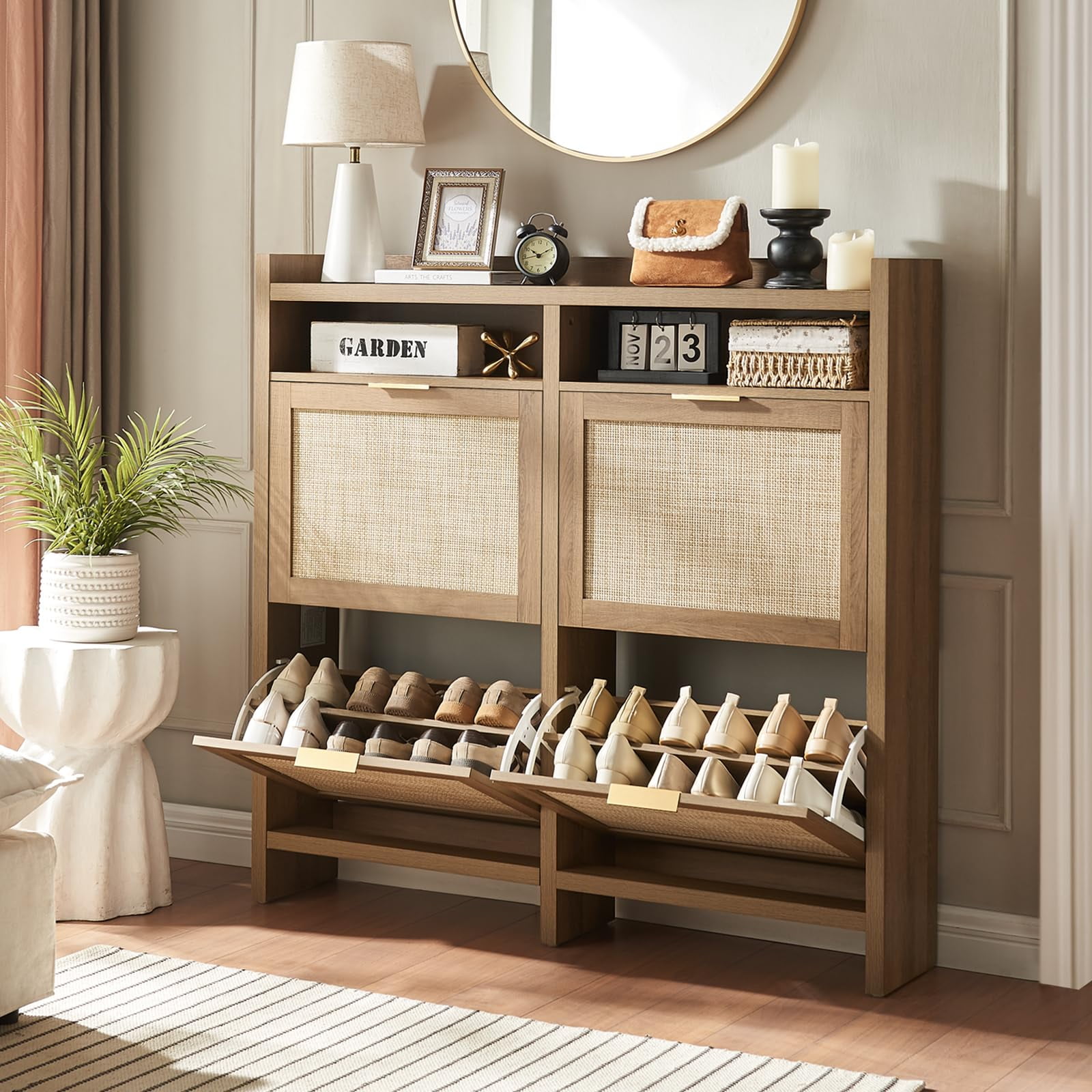 Large Rattan Shoe Storage Cabinet with 4 Flip Drawers & 2 Open Storages ...