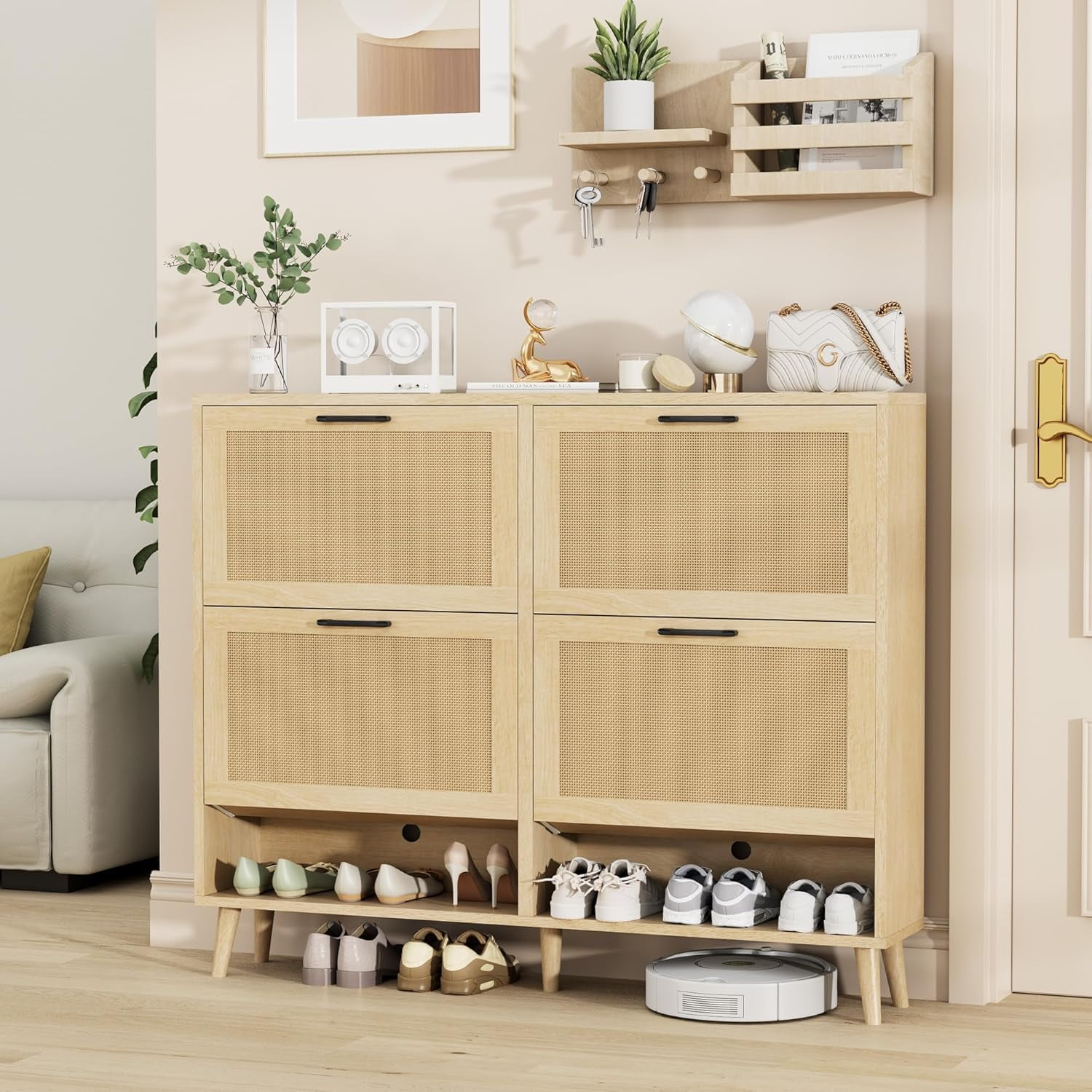 Large Rattan Shoe Storage Cabinet with 4 Flip Drawers, Farmhouse ...