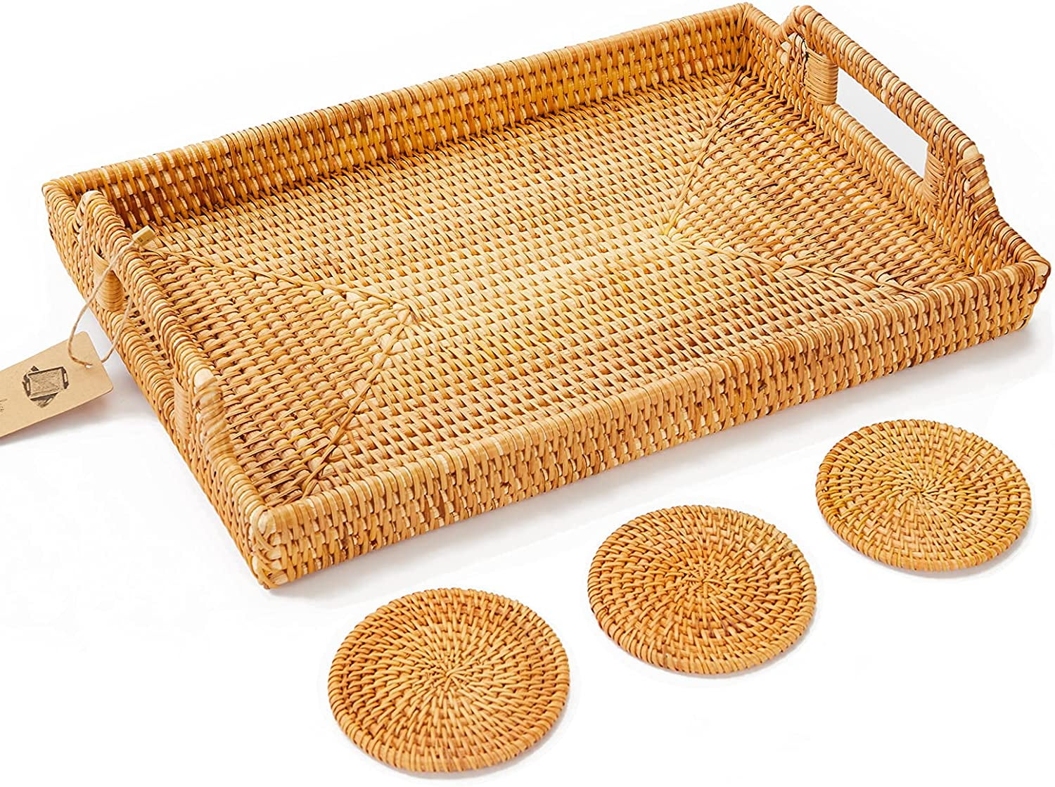 Large Rattan Tray with Rattan Coasters - Premium Flat Rectangular ...