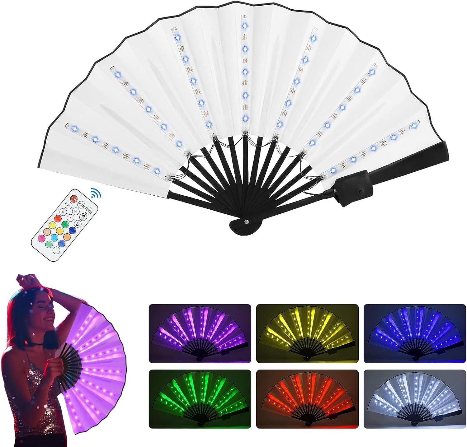Large Rave Fan, Led Light Up Hand Fan, Handheld Folding Fan with Remote ...