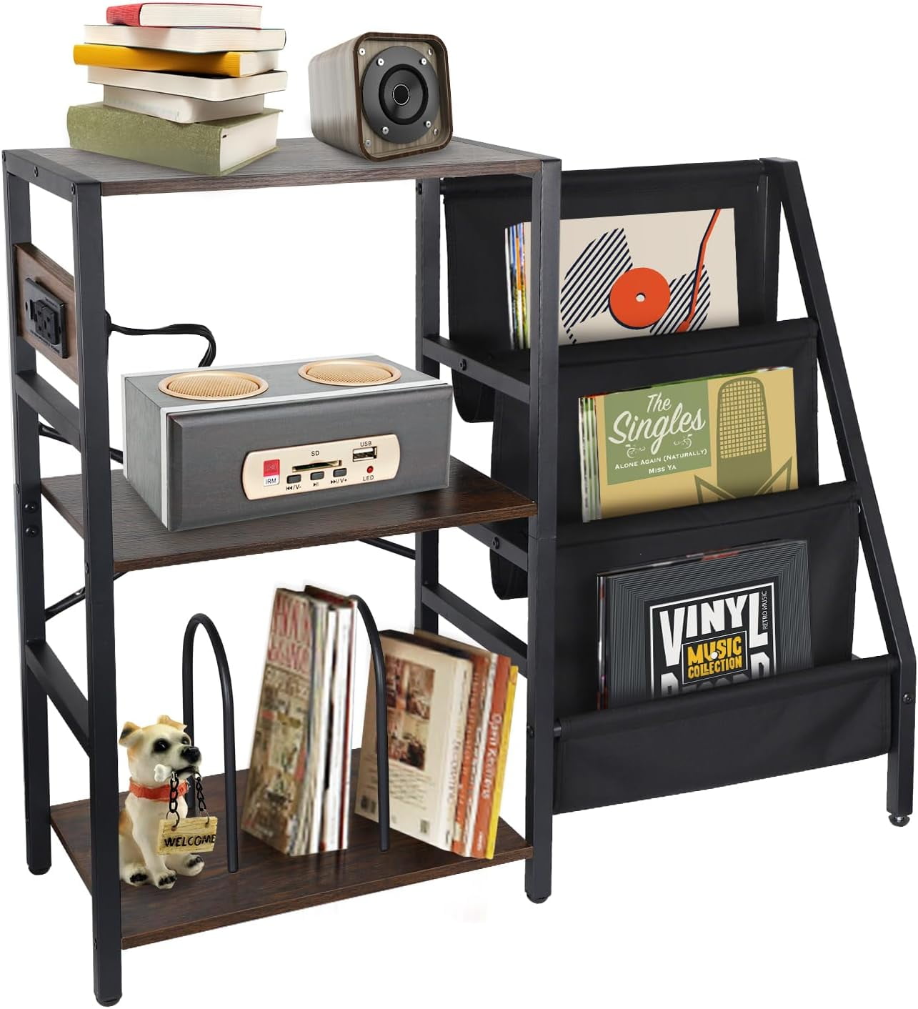 Large Record Player Stand with Charging Station, 3-Tier Vinyl Record ...