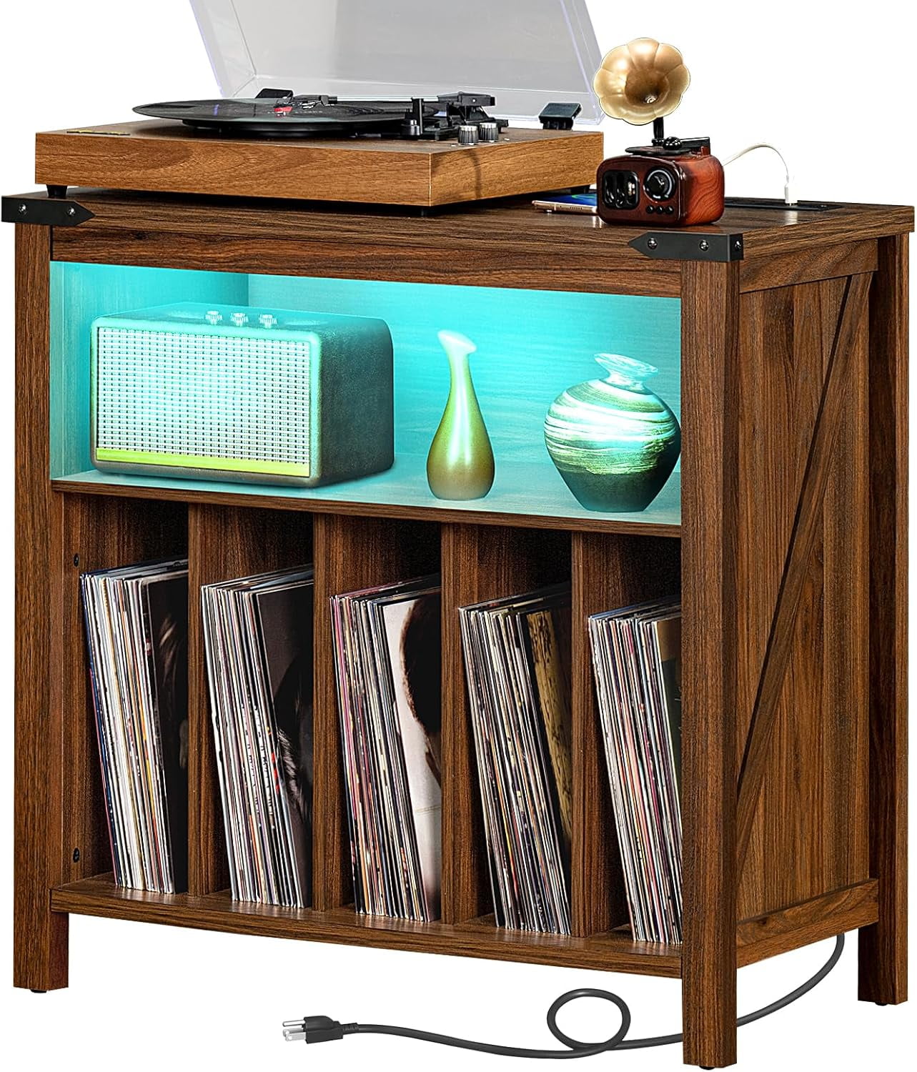 Large Record Player Stand with Charging Station & LED Lights, Vinyl ...