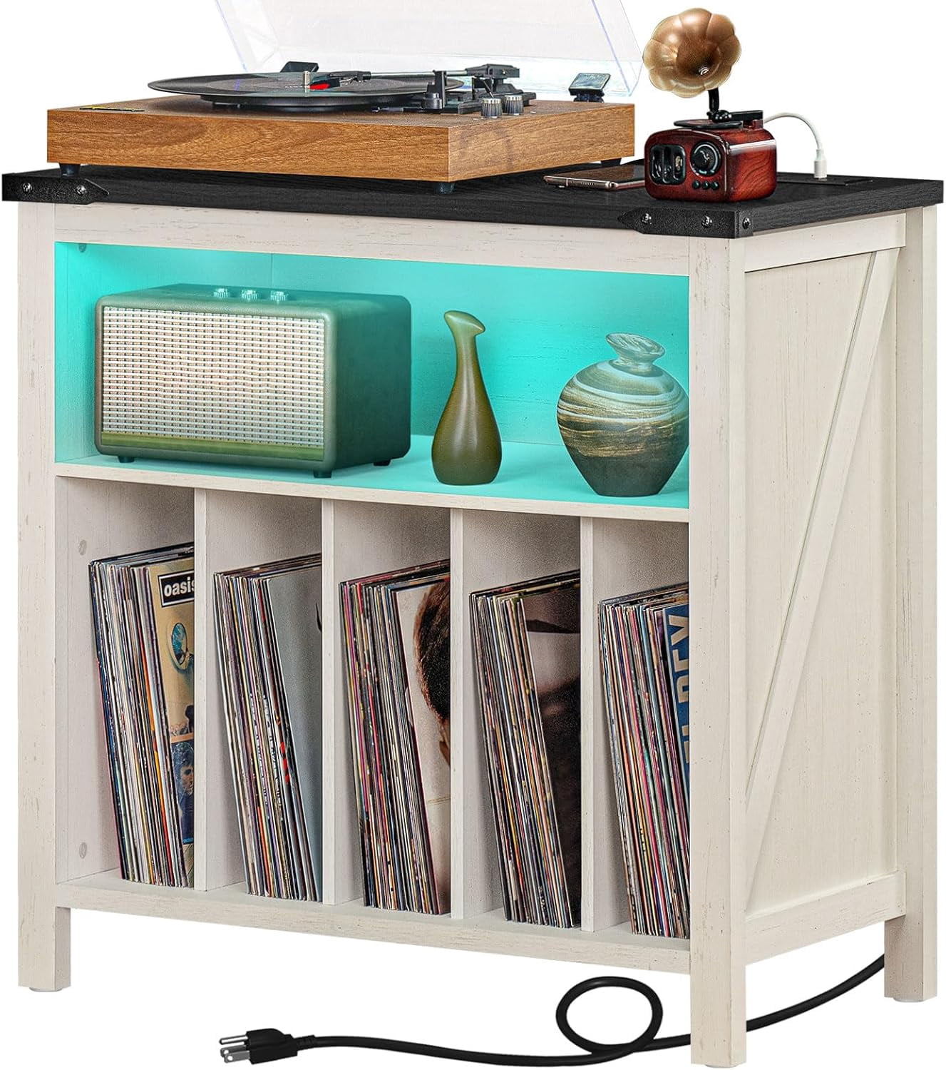 Large Record Player Stand with Charging Station & LED Lights, Vinyl ...