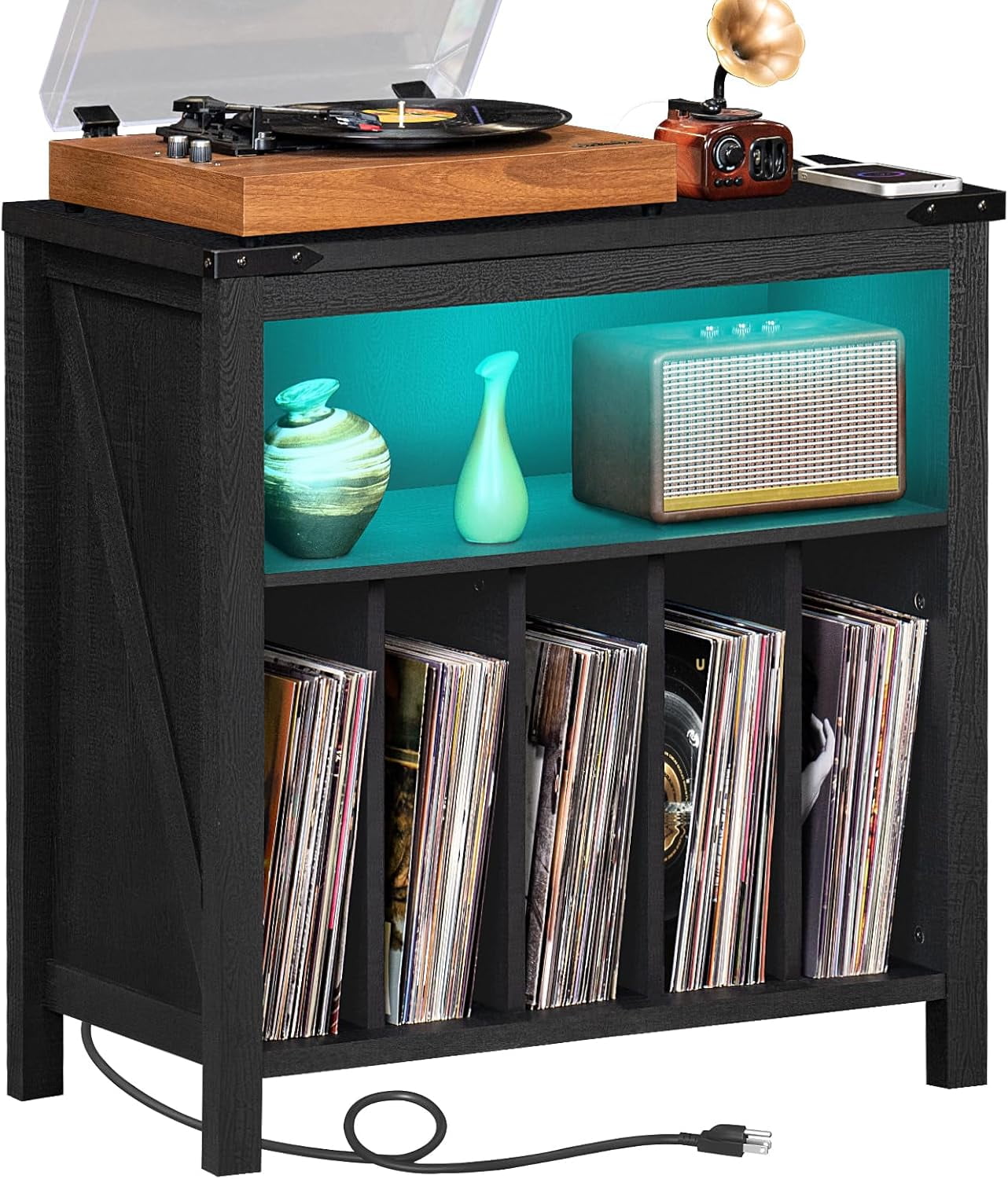 Large Record Player Stand with Charging Station & LED Lights, Vinyl ...
