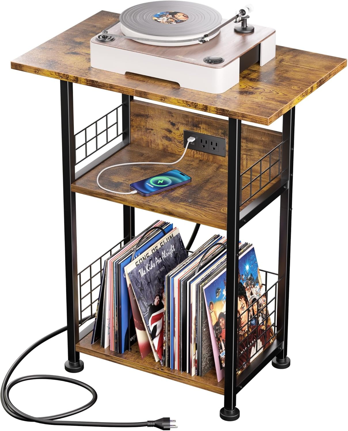 Large Record Player Stand with Charging Station - Turntable Stand with ...