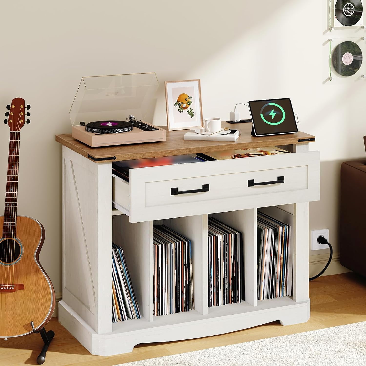 Large Record Player Stand with Charging Station, Turntable Stand with ...
