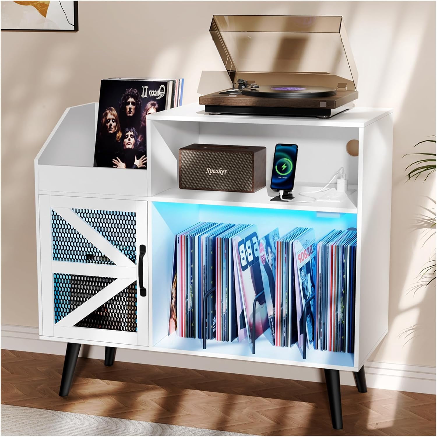 Large Record Player Stand with Magnetic Door,350 Vinyl Record Storage ...