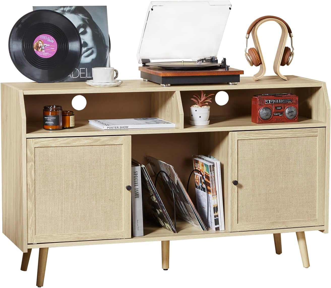 Large Record Player Stand, Mid Century Record Storage Cabinet with ...