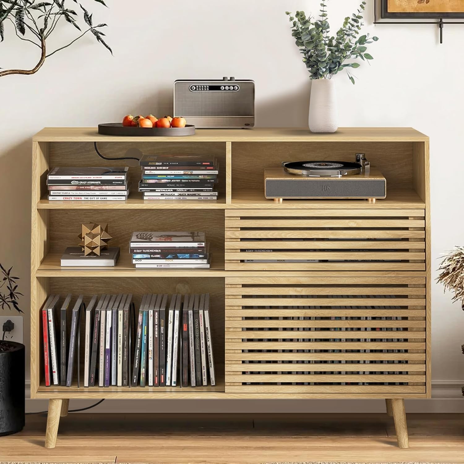 Large Record Player Stand, Mid-Century Turntable Stand with Doors and ...