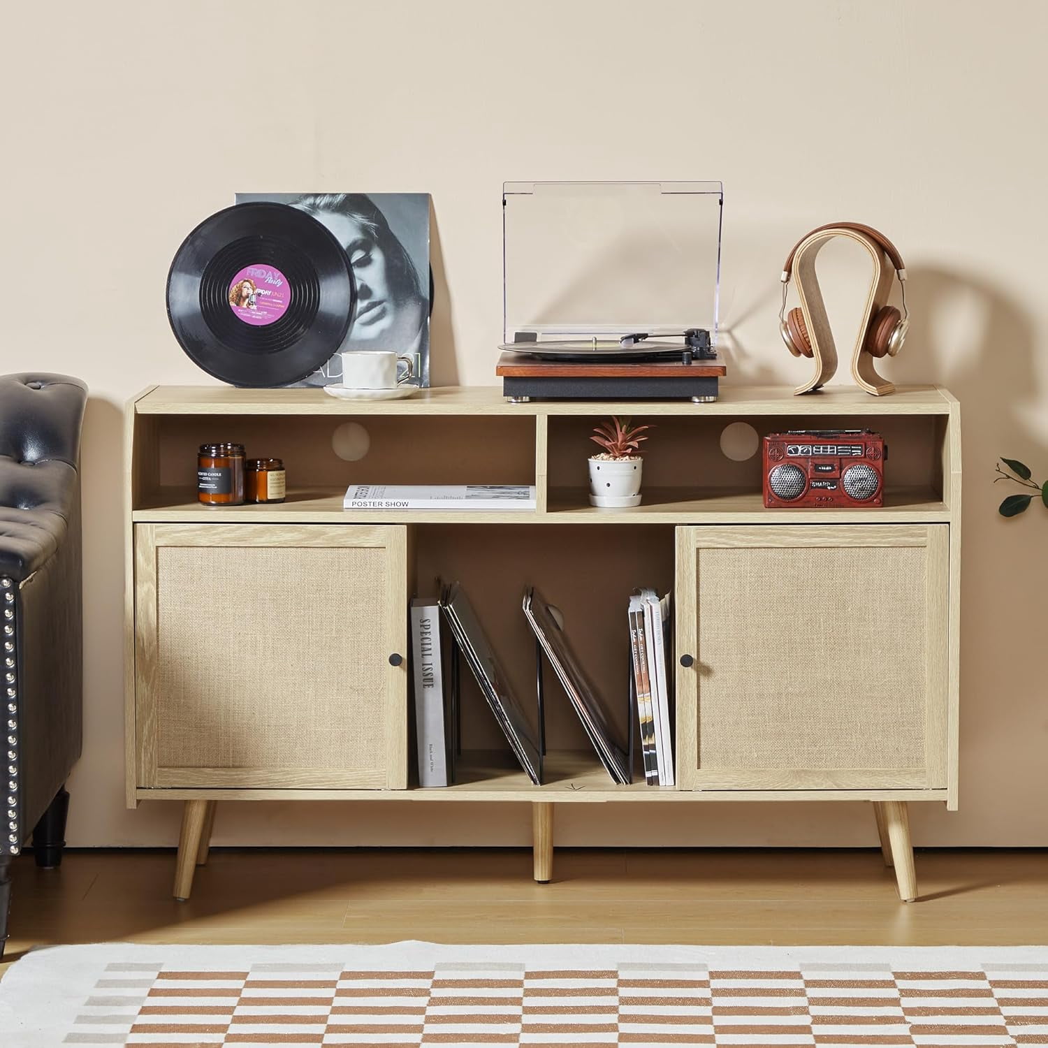 Large Record Player Stand, Mid Century Turntable Stand with Storage ...