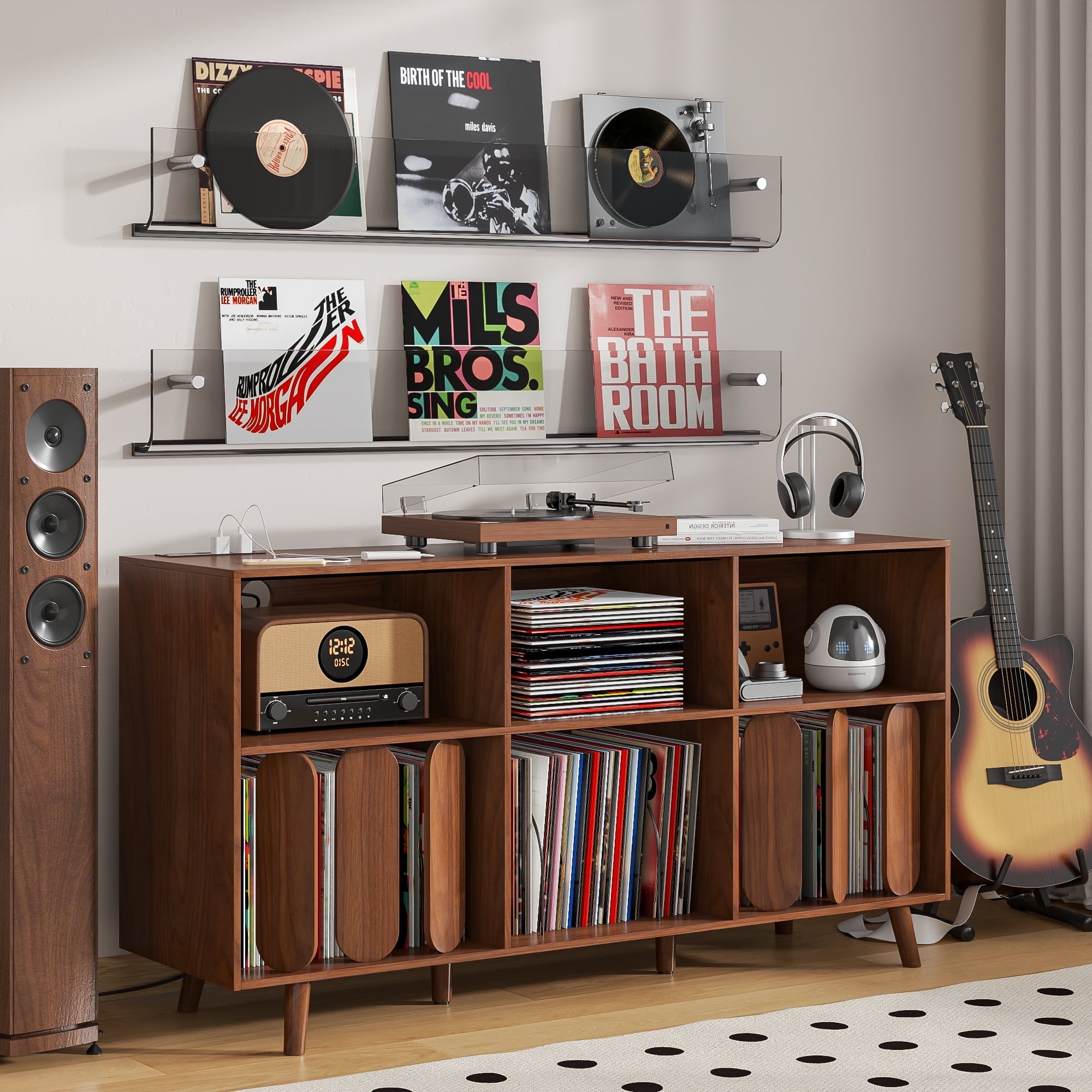 Large Record Player Stand, Mid Century Turntable Table with Record ...