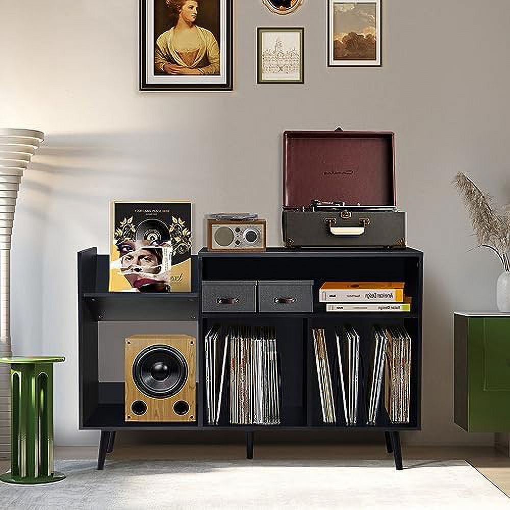 Large Record Player Stand, Mid-Century Vinyl Record Storage Table with ...