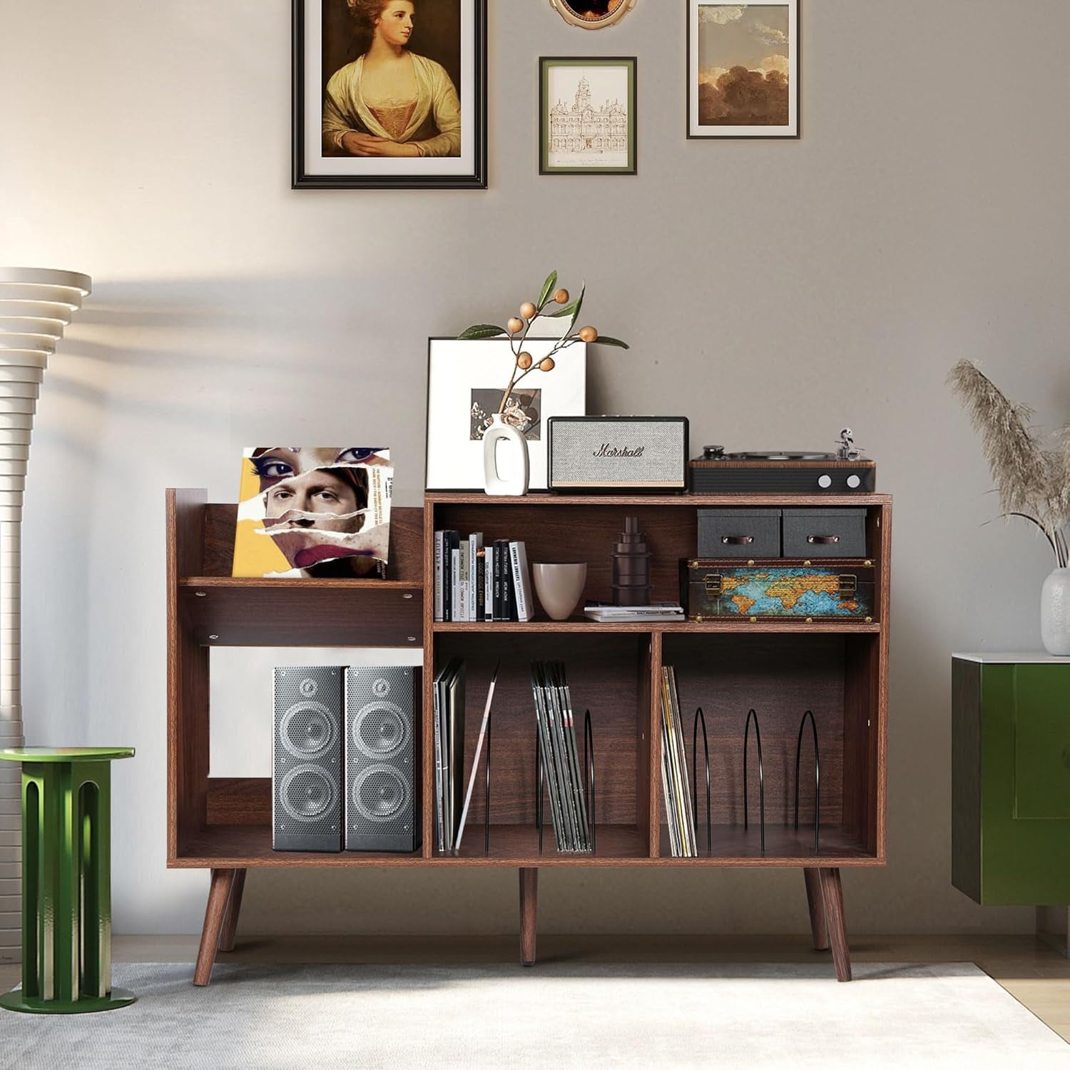 Large Record Player Stand, Mid-Century Vinyl Record Storage Table with ...