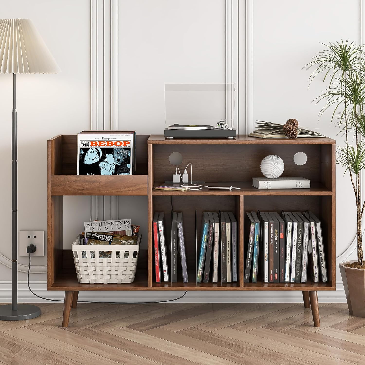 Large Record Player Stand with Power Outlet Vinyl Record Storage ...