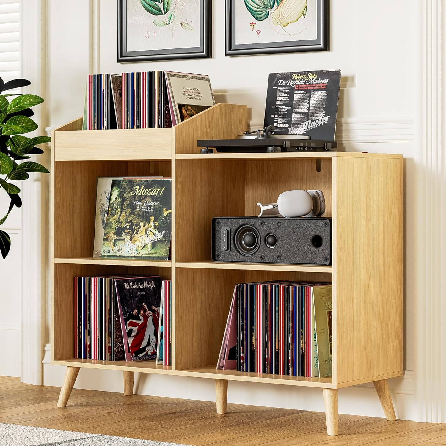 Large Record Player Stand with Power Outlet, Vinyl Record Storage Table ...