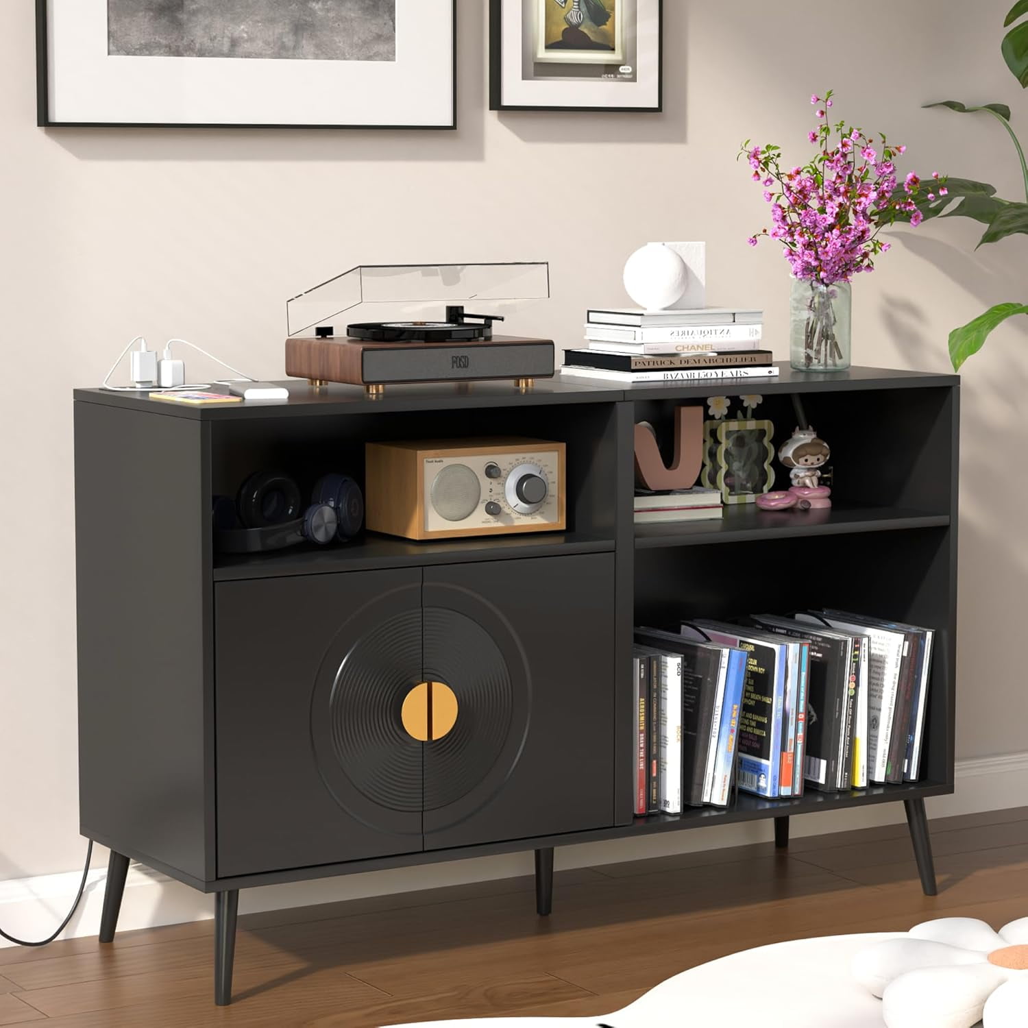 Large Record Player Stand, Record Table Cabinet with Power Outlet ...