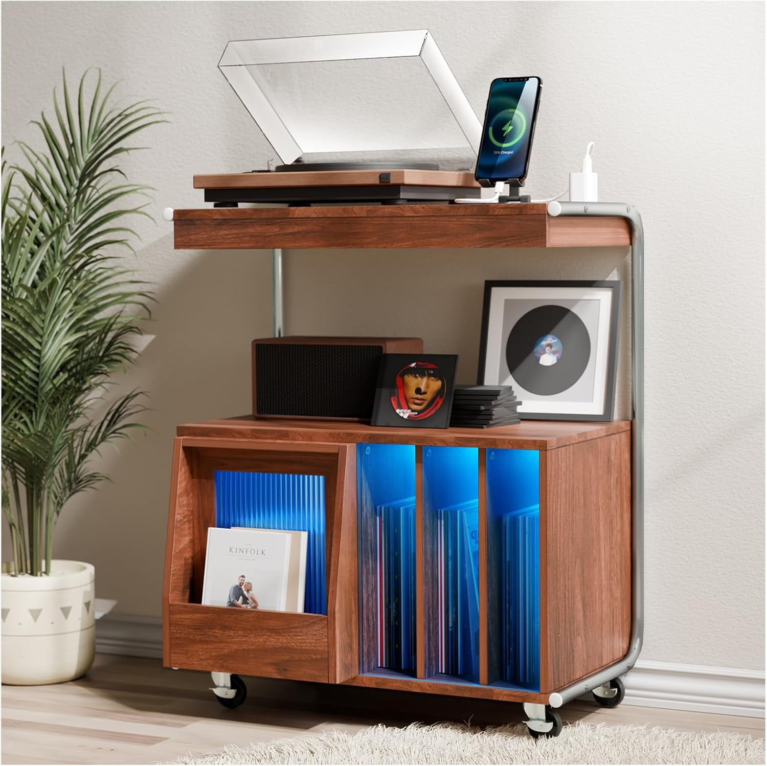 Large Record Player Stand with Sliding Door and Wheels,200 Vinyl Record ...